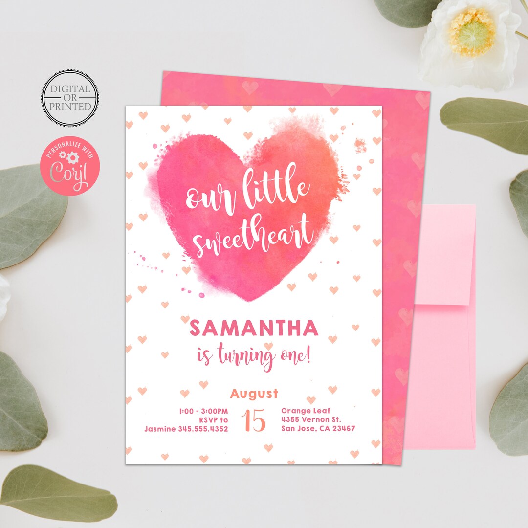 Heart Birthday Invitation | Our Little Sweetheart Birthday | Watercolor ...