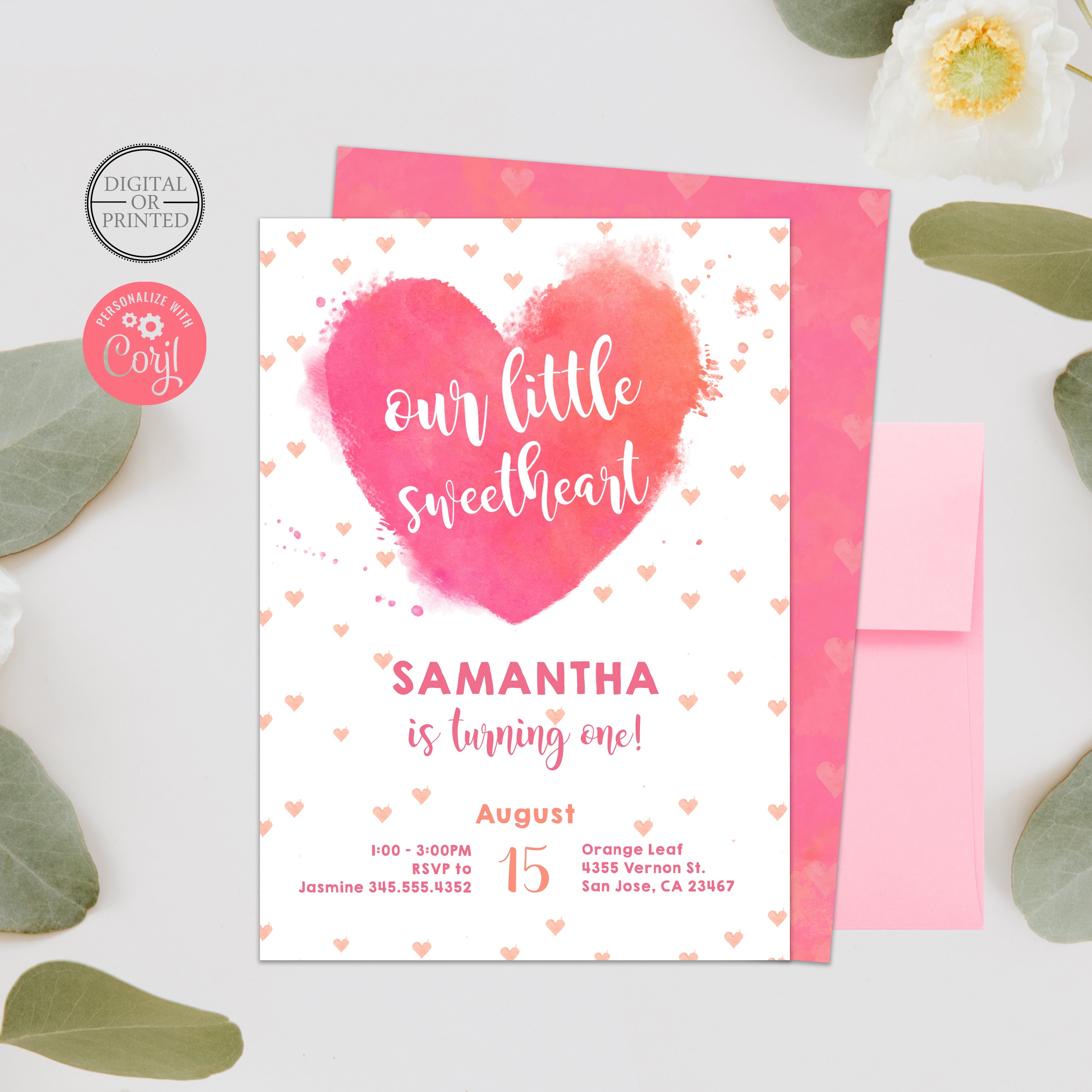Heart Birthday Invitation | Our Little Sweetheart Birthday | Watercolor ...