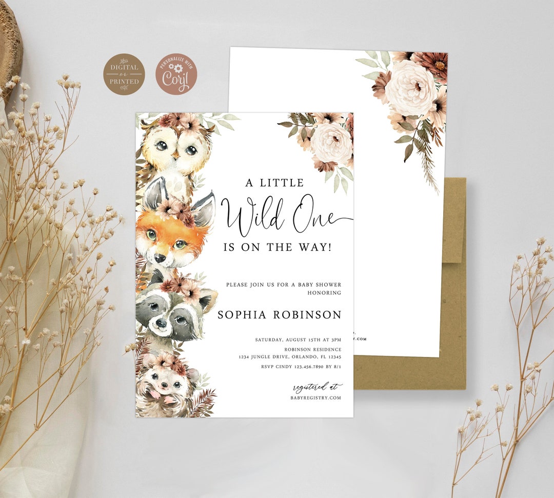 Boho Woodland Animal Baby Shower Invitation | Wild One is on the Way ...
