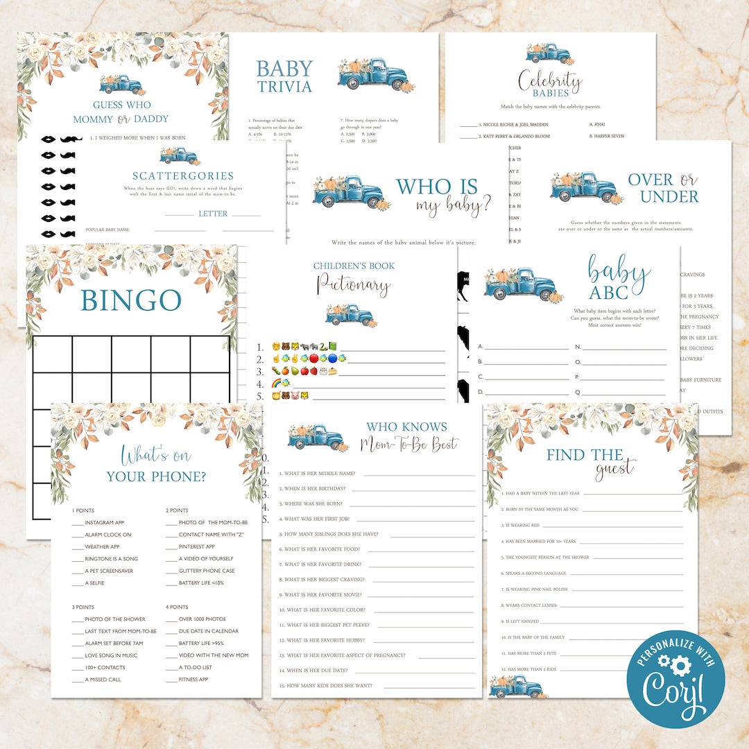 Fall Truck Baby Shower Games Package, Self Edit Instant Download ...