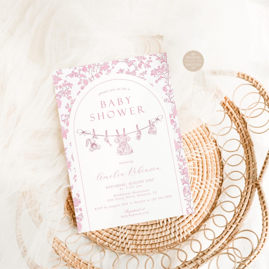 Pink Baby Shower Invitation Template, Vintage Elegant Chinoiserie Pink ...