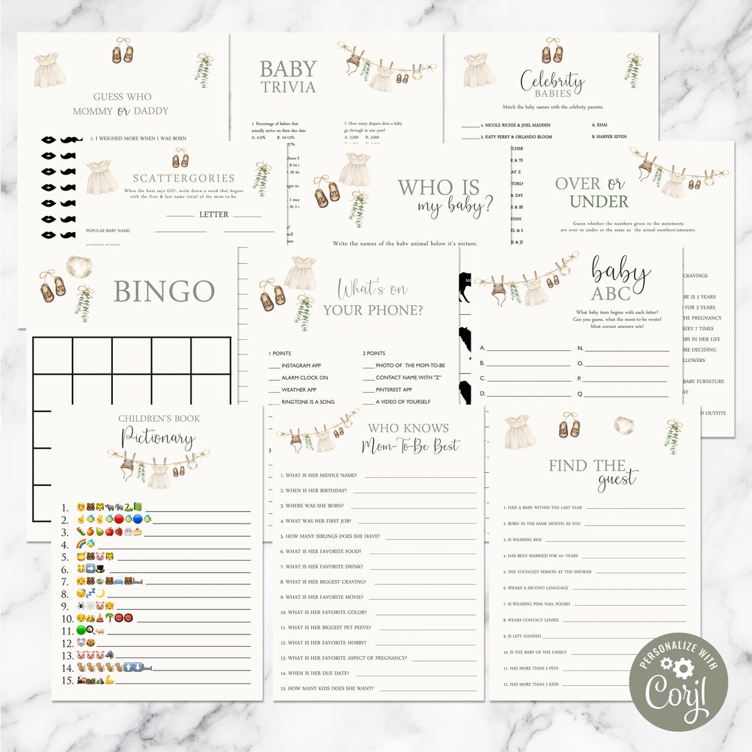 Boho Baby Girl Clothesline Baby Shower Games Package, Self Edit Instant ...