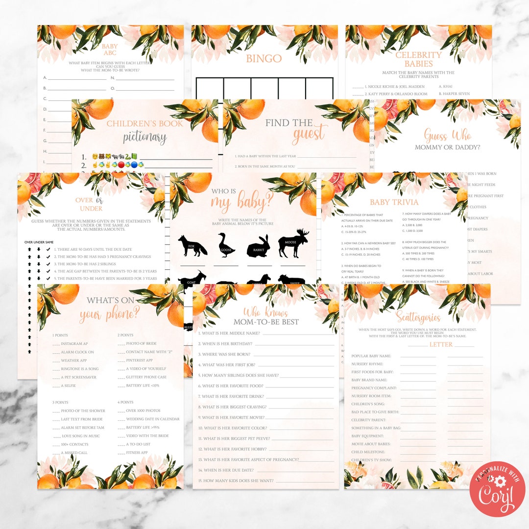 Instant Download Printable Floral Orange Citrus Baby Shower Games ...