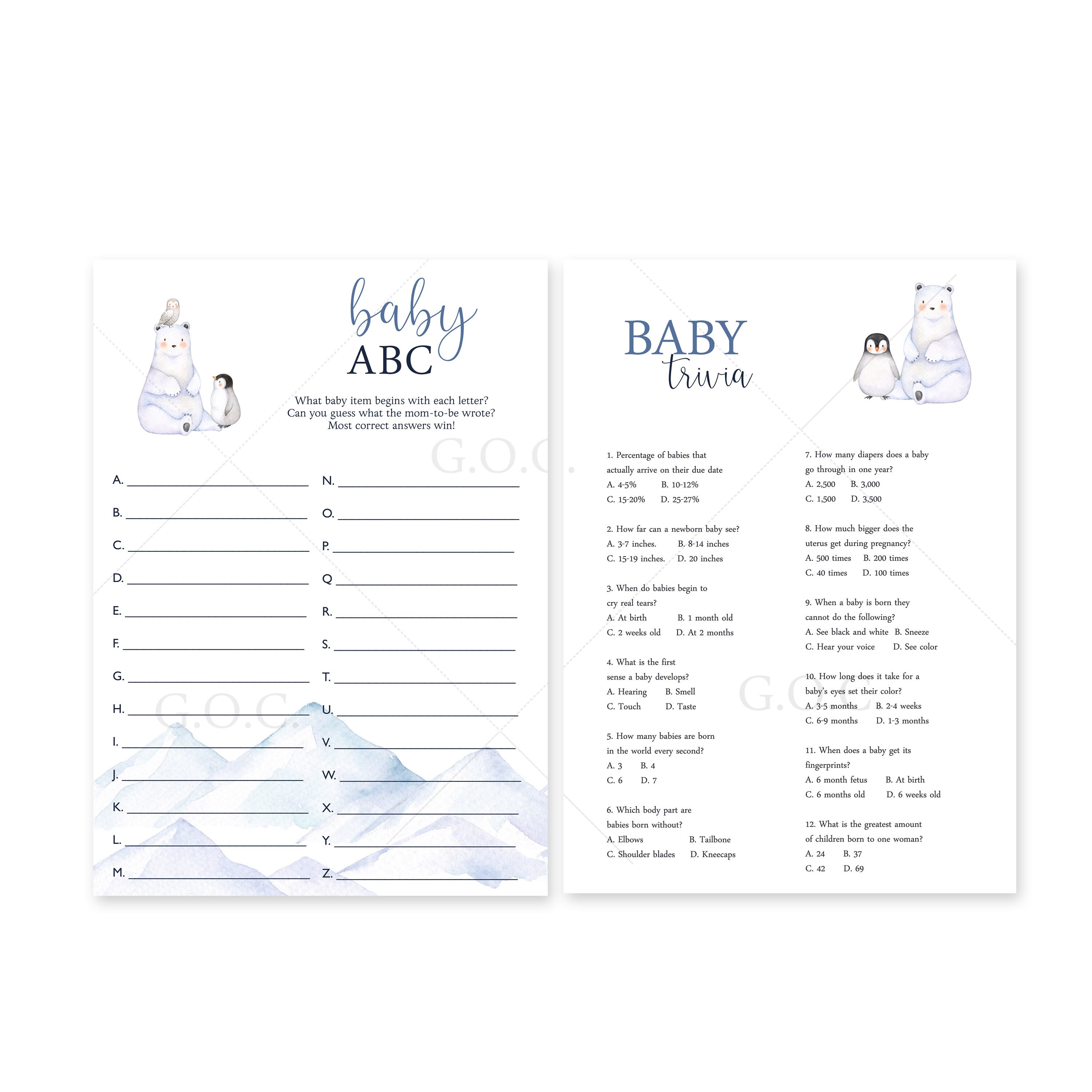 Winter Animal Baby Shower Games Package | Self-edit Instant Download ...