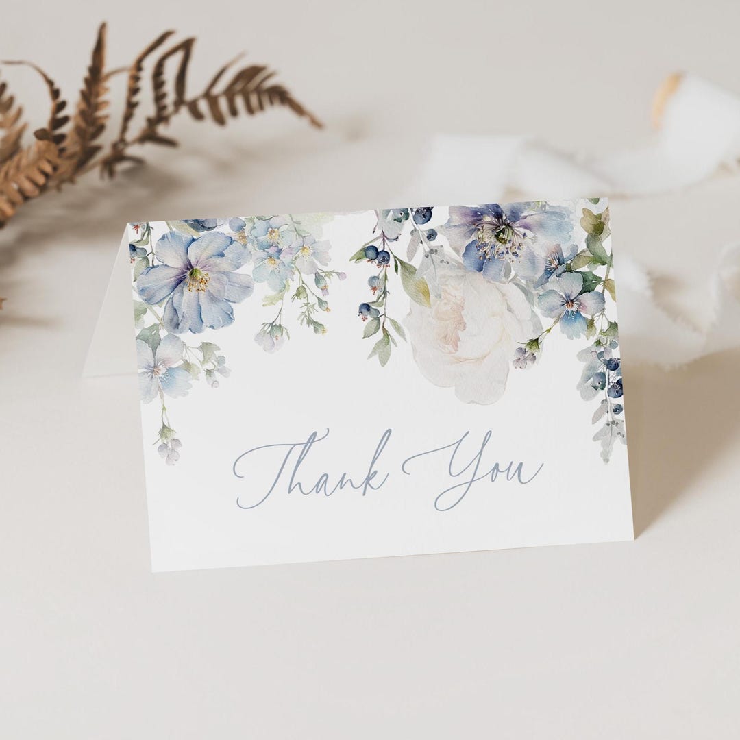 Blue Floral Folded Thank You Cards, Editable Instant Digital or Printed ...