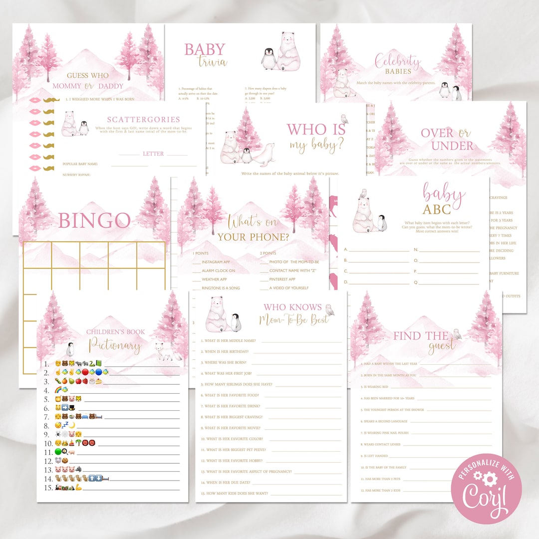 Pink Winter Animal Baby Shower Games Package | Self Edit Instant ...