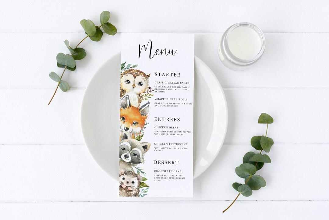 Woodland Animals Menu | Editable Menu Template | Instant Digital or ...