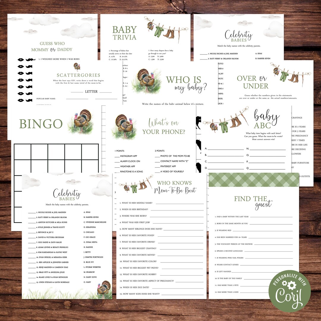 Turkey Hunter Baby Shower Games Package, Hunting Self Edit Instant ...