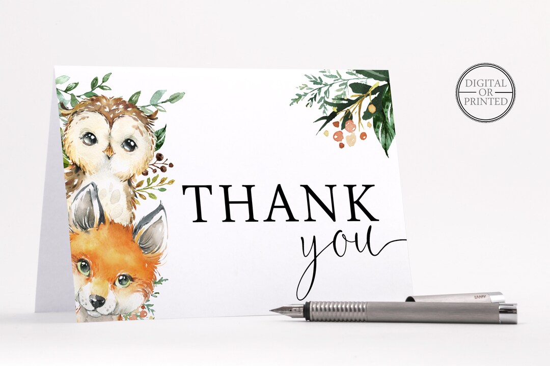 Woodland Greenery Thank You Cards | Forest Animals Folded Card Baby ...