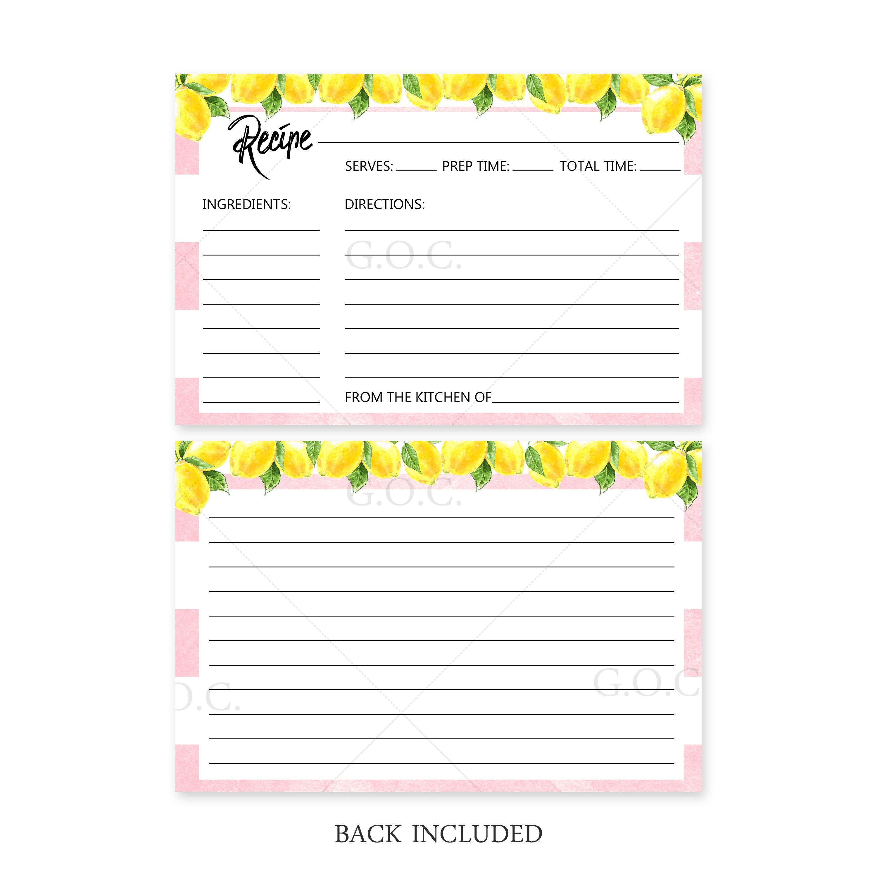 Lemon Recipe Cards | 2- Sided Recipe Cards | Bridal Shower Lemon Recipe ...