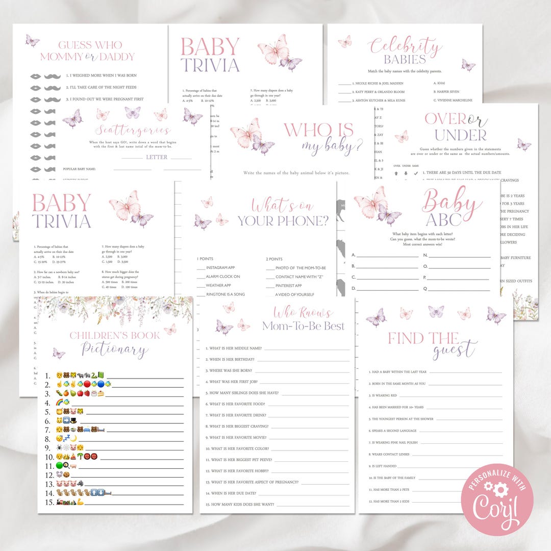 Butterfly Baby Shower Games Package, Self Edit Instant Download ...