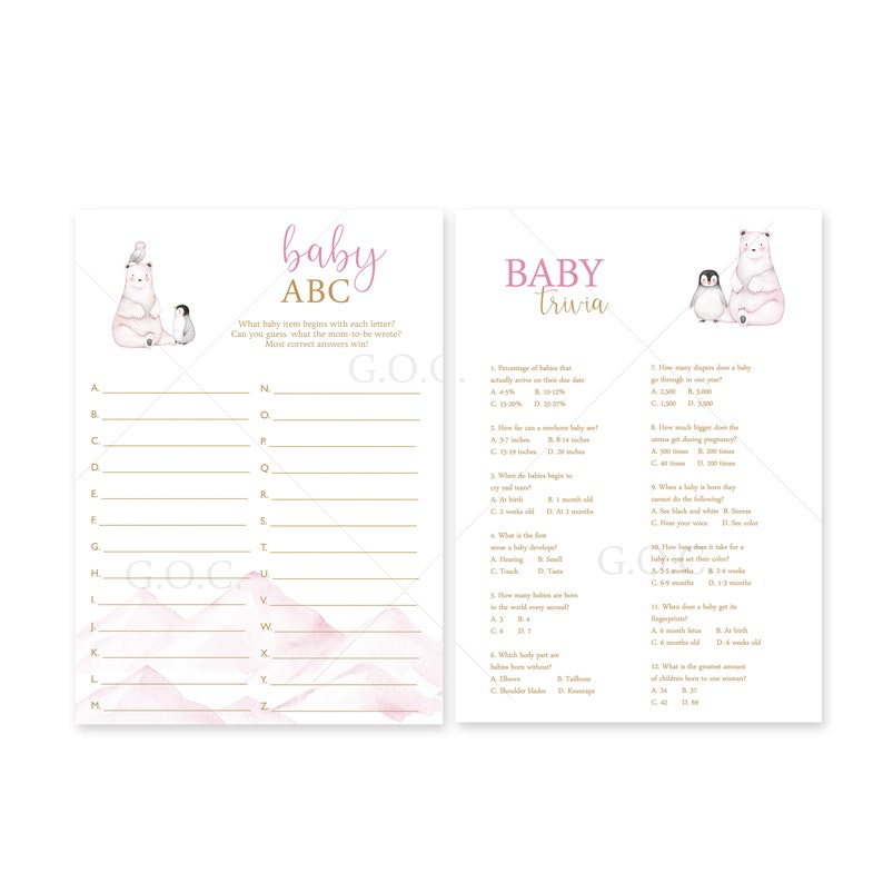 Pink Winter Animal Baby Shower Games Package | Self Edit Instant ...