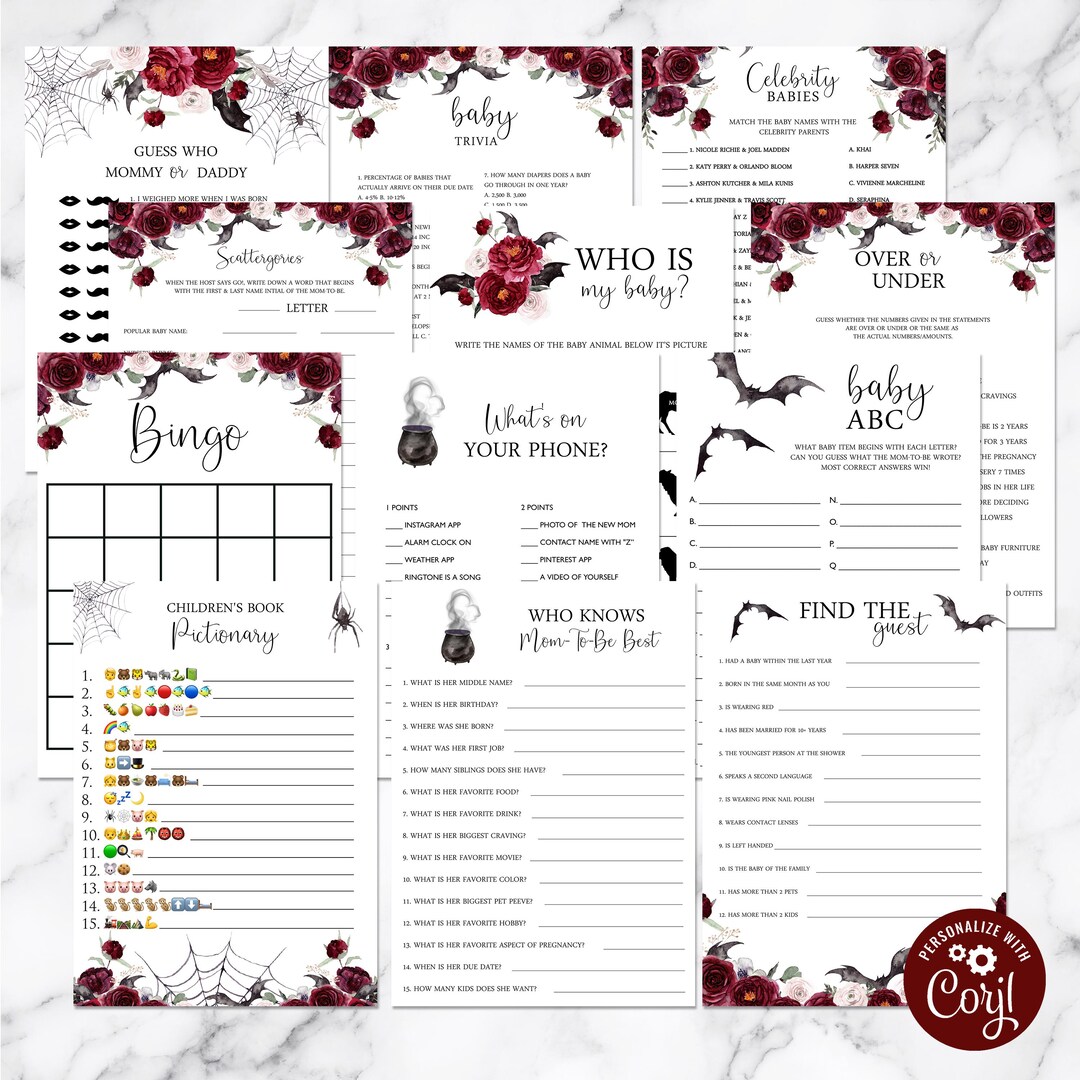 Burgundy Halloween Baby Shower Games Package, Self-edit Instant ...
