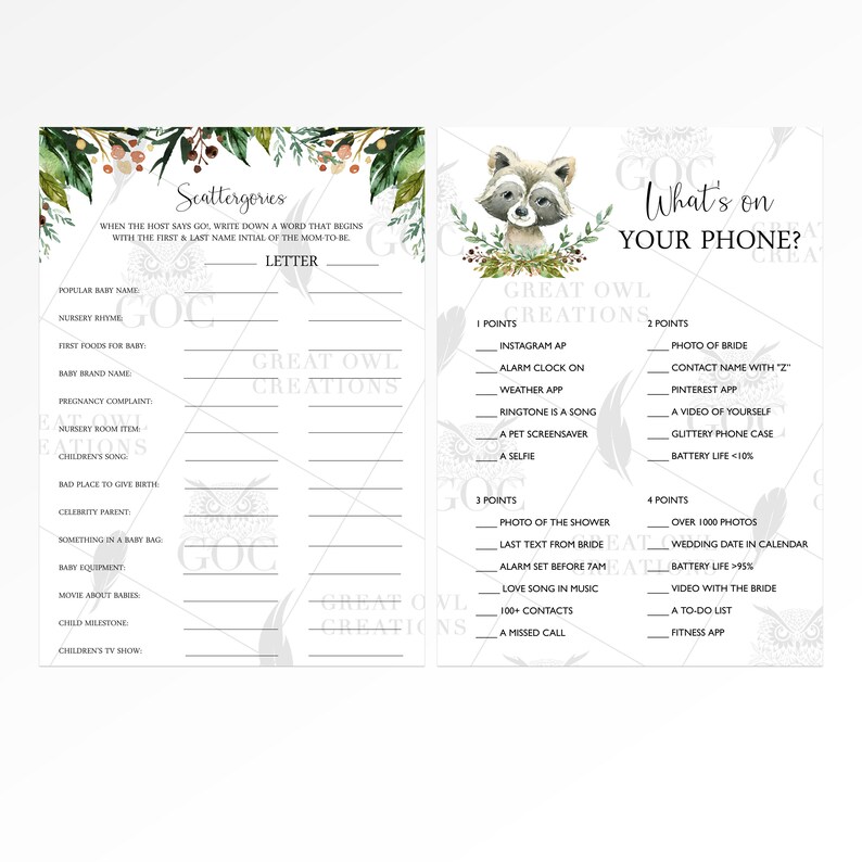 Woodland Baby Shower Games Package Self Edit Instant - Etsy