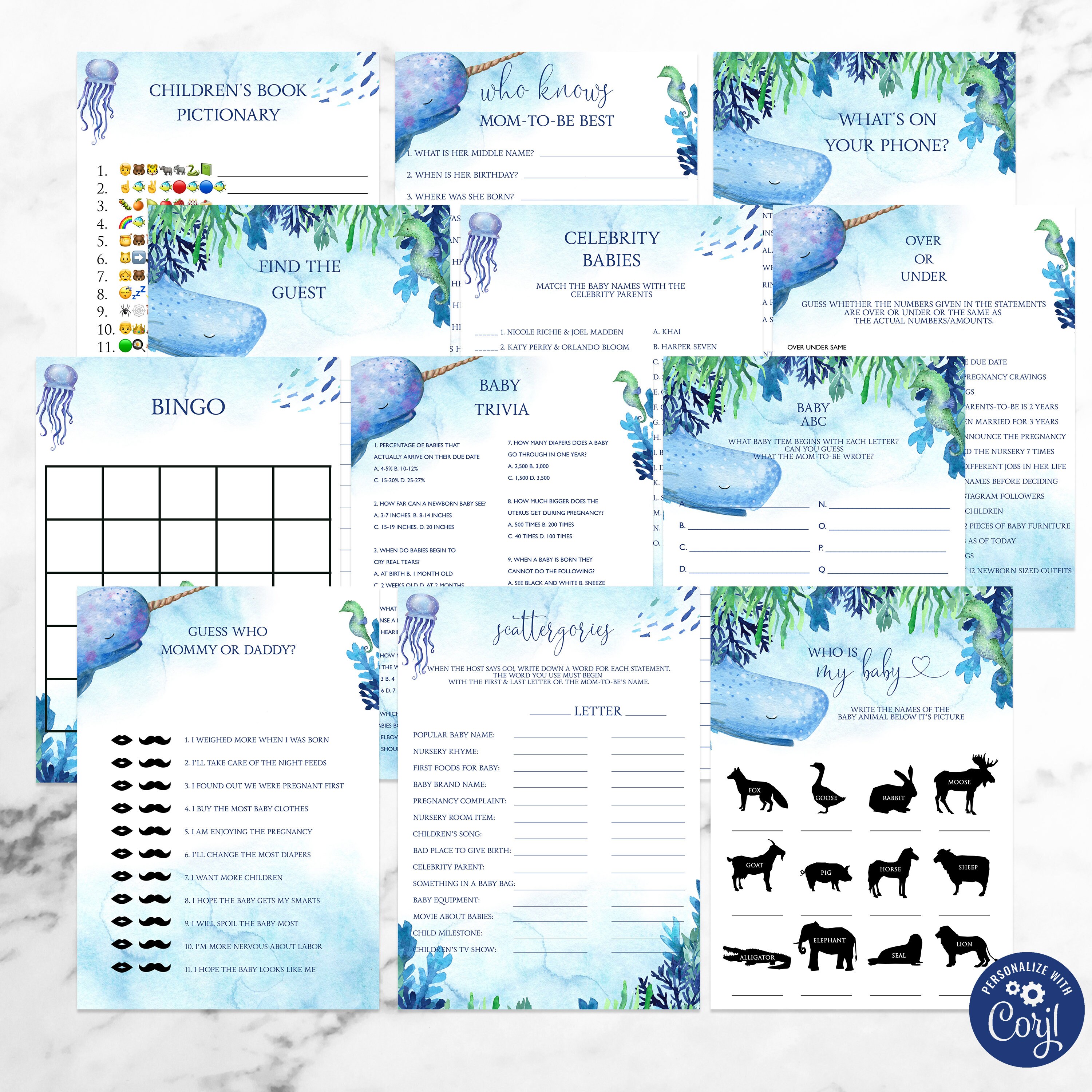 Instant Download Printable Ocean Baby Shower Games Package - Etsy
