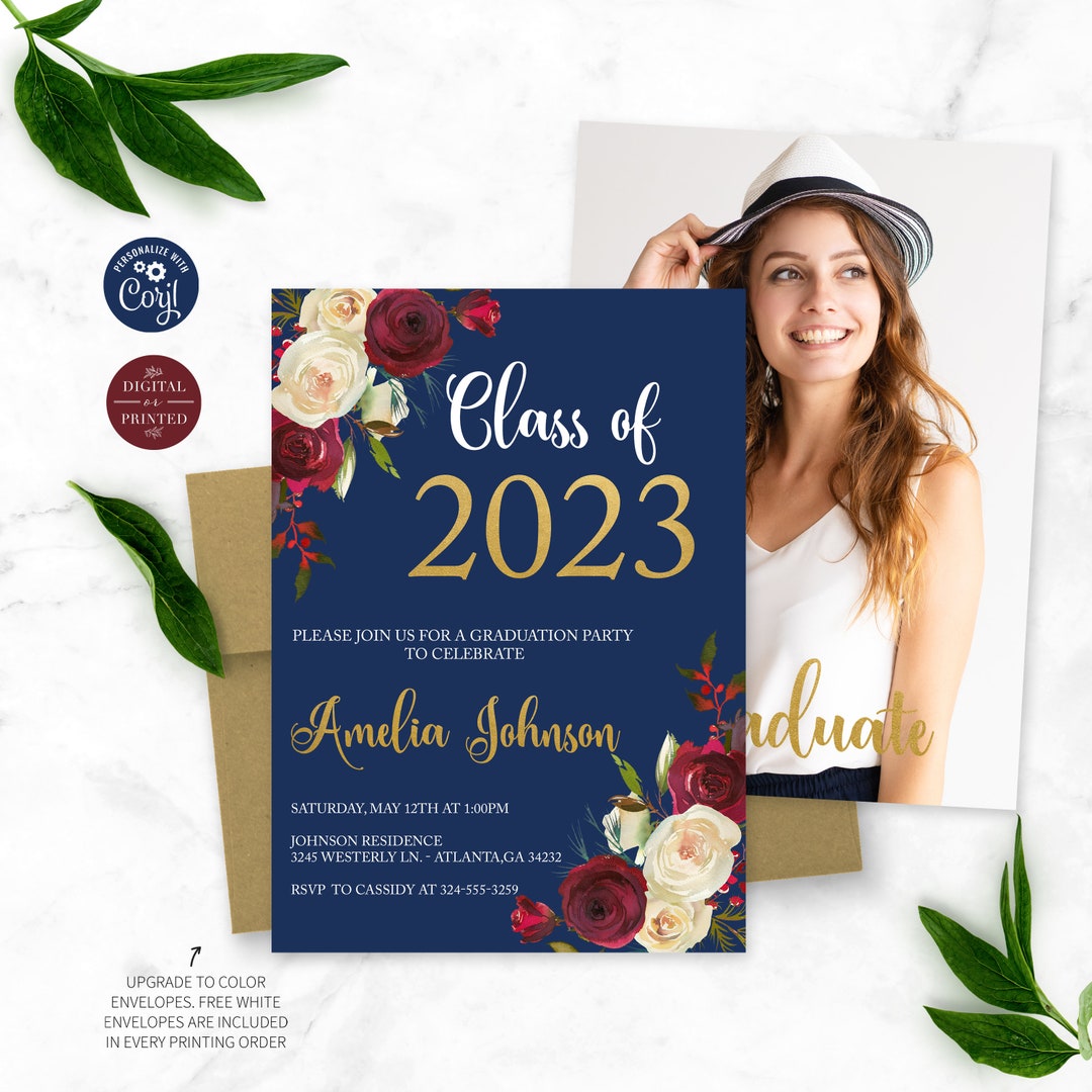 Floral Graduation Announcement | Navy and Burgundy Graduation Party ...