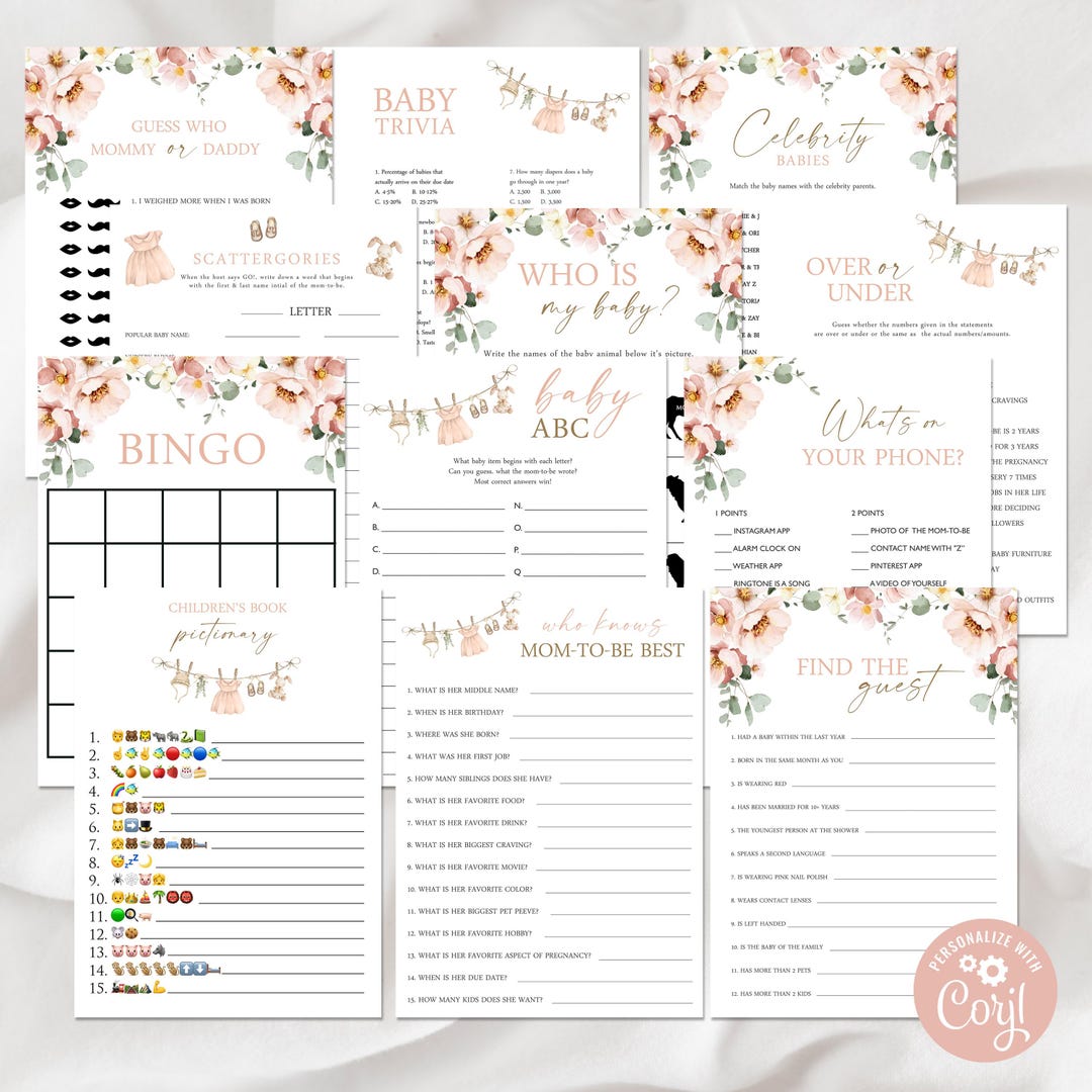 Boho Girl Clothesline Baby Shower Games Package, Self Edit Instant ...