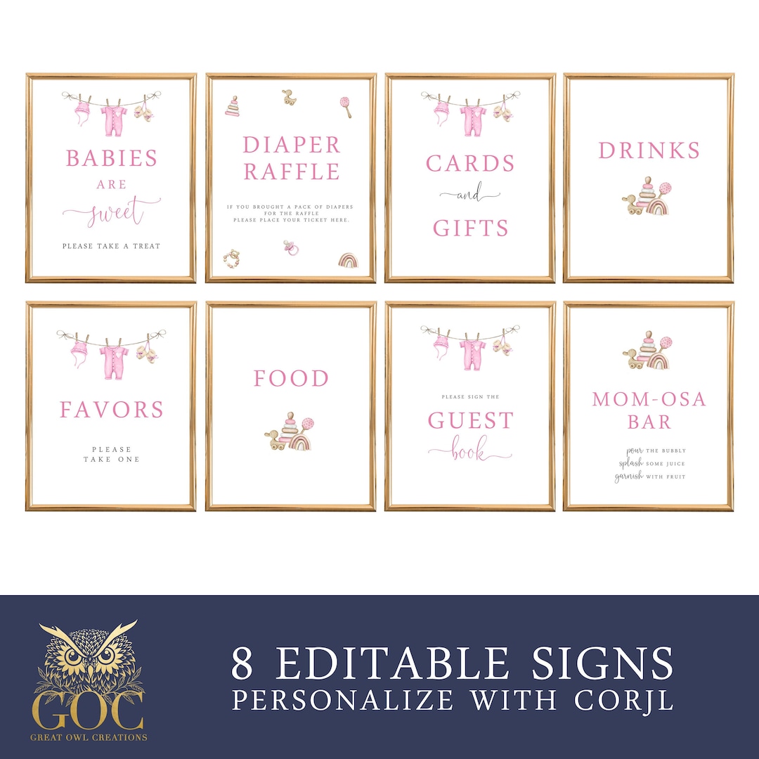 Pink Baby Clothesline Baby Shower Sign Package, 8x10, Editable Instant ...
