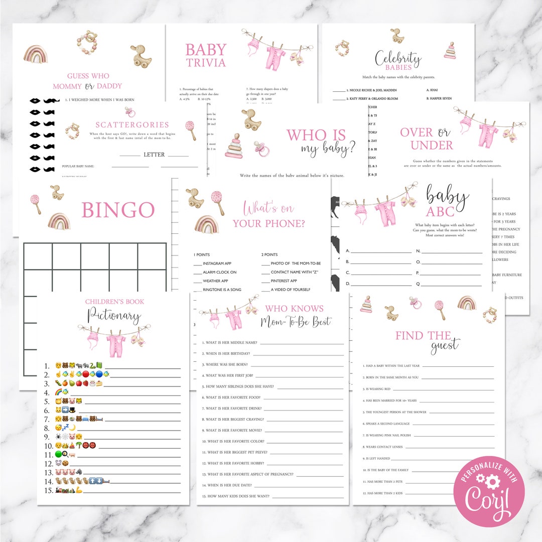 Pink Baby Clothesline Baby Shower Games Package, Self Edit Instant ...