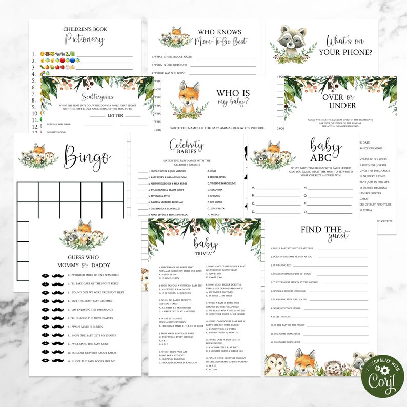 Woodland Baby Shower Games Package Self Edit Instant - Etsy