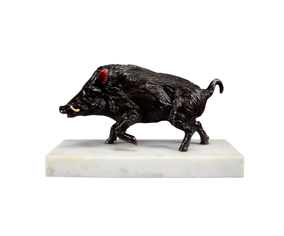 French Art Deco Boar Statue White Marble Base - Etsy