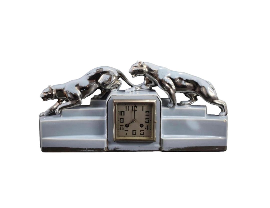Art Deco Odyv Panther Clock – 1930s French Blue Ceramic Mantel Clock ...