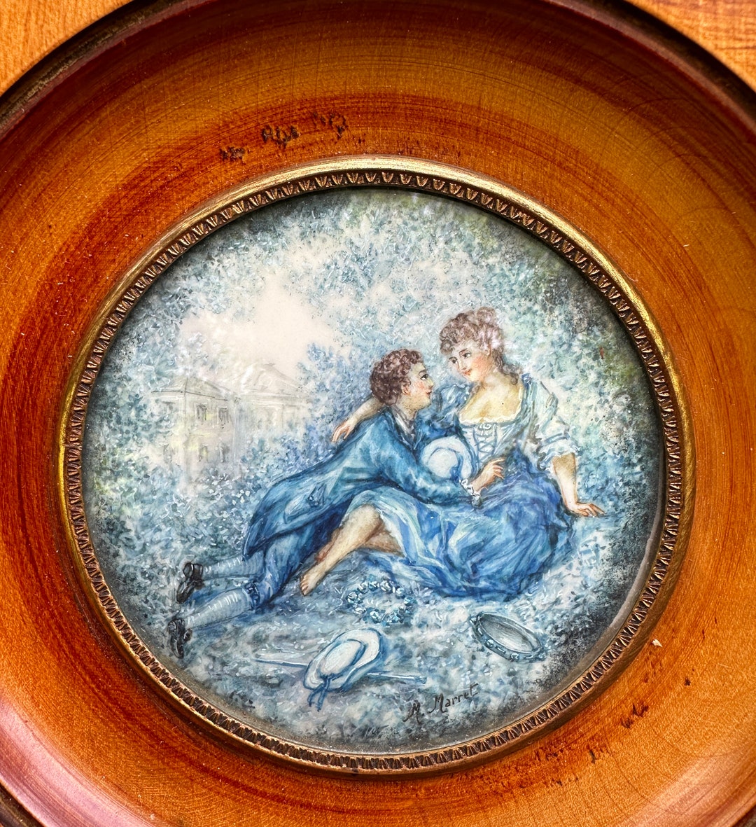 French Antique Miniature Painting of a Romantic Scene Framed by M ...