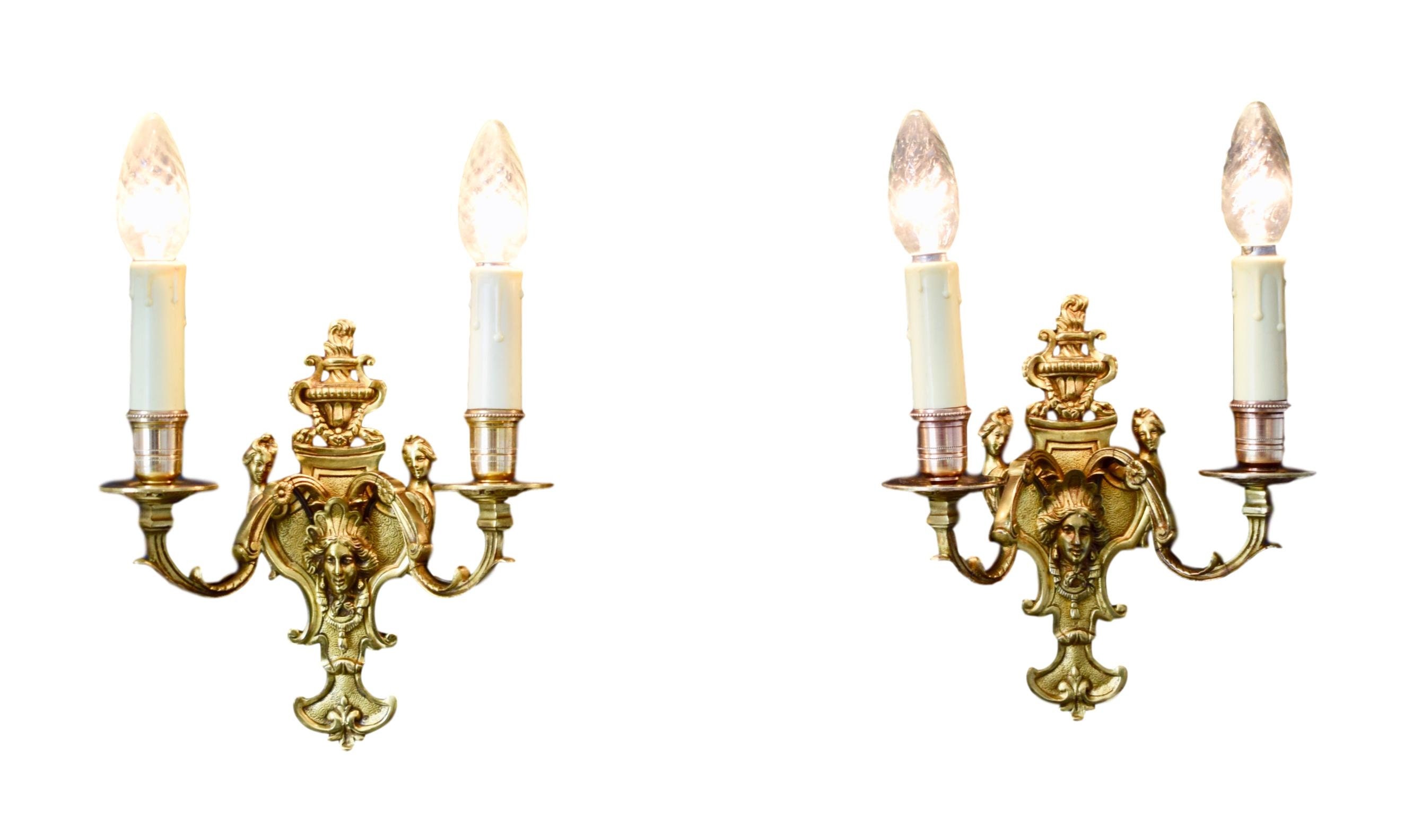 Regency Pair of Gold Tone Bronze Wall Sconces Two Lights With Mascarons ...