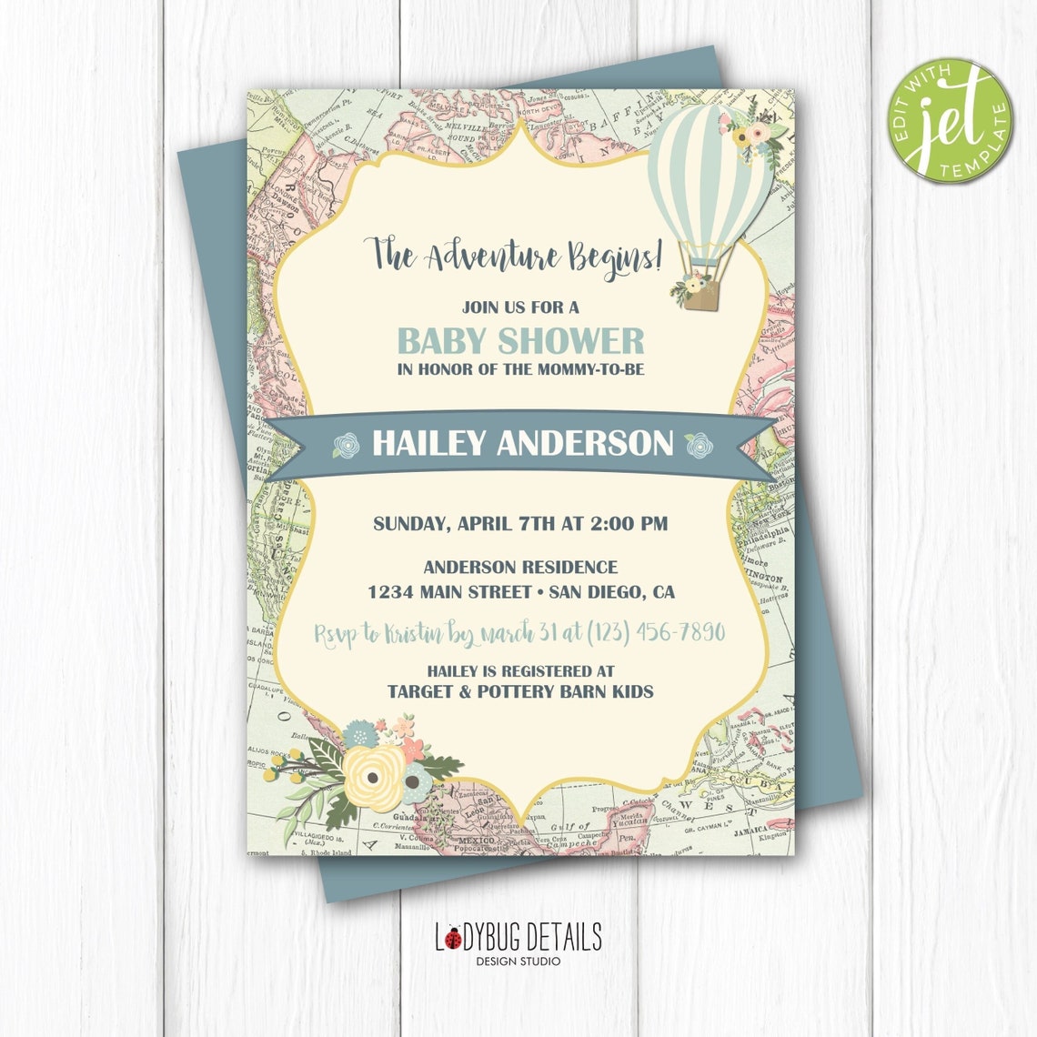 EDITABLE Travel Baby Shower Invitation Boy, Map Baby Shower, Hot Air Balloon Shower Invite ...