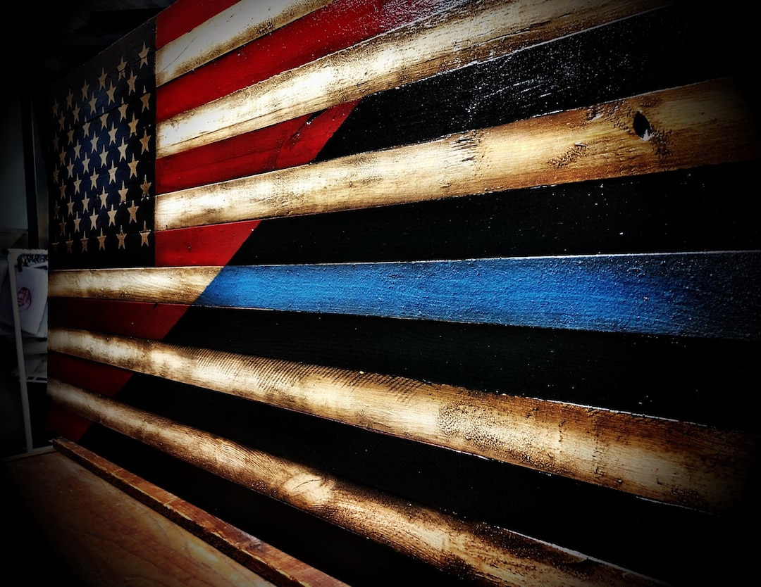 American Blue Line Flag, Wooden Blue Line Flag, Rustic Police Flag, Law ...