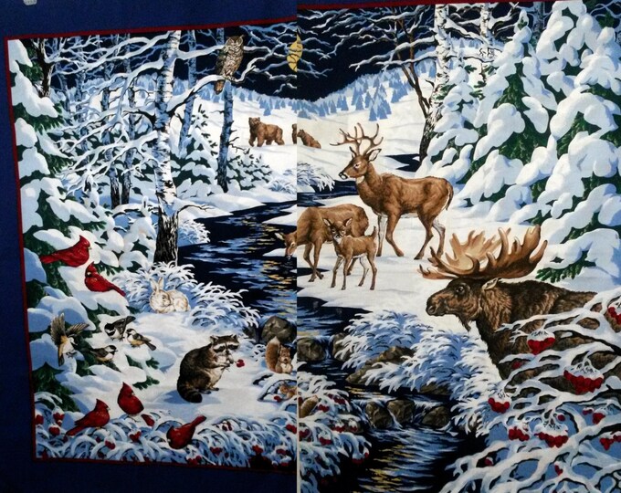Moose, Deer & Other Wildlife in Winter Setting Fabric Panel. 35" X 44 ...