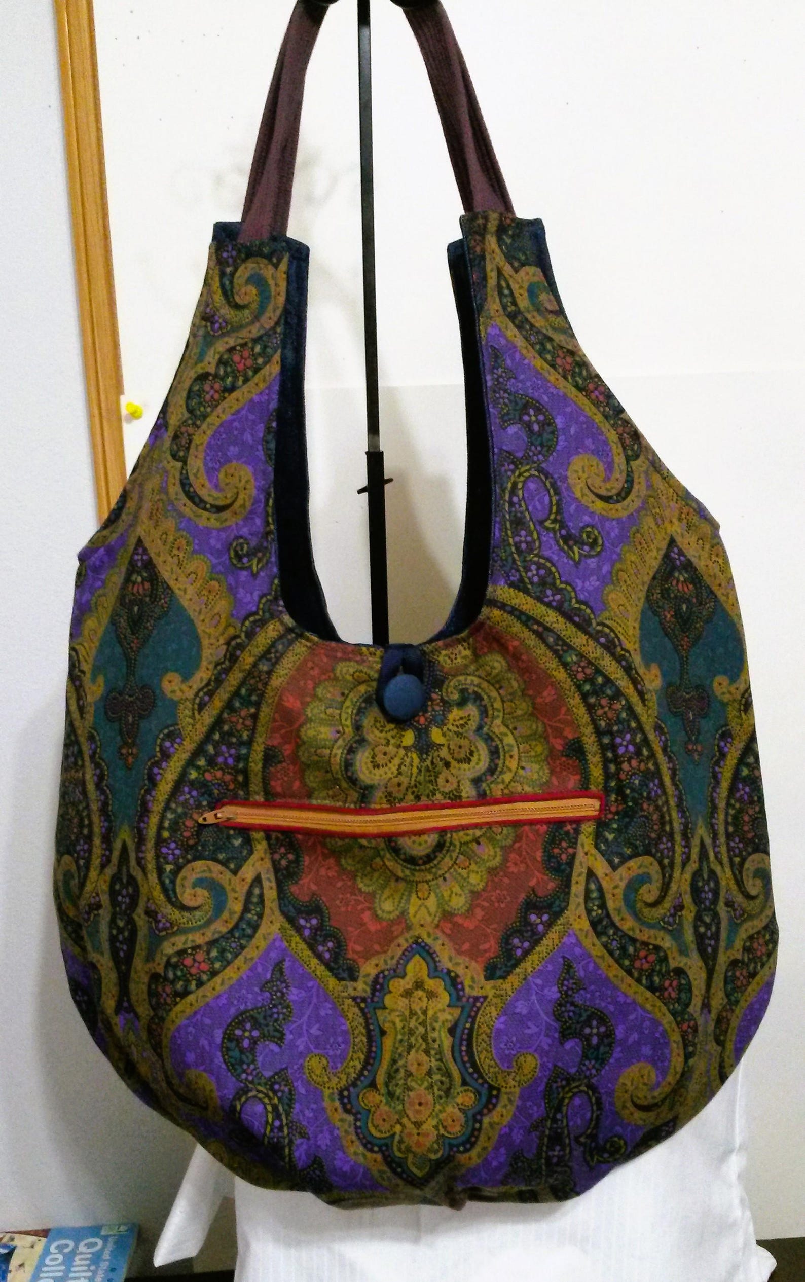 Large Boho Hobo Bag, Size 14" X 21". Subdued Paisley Ethnic Design. Two ...