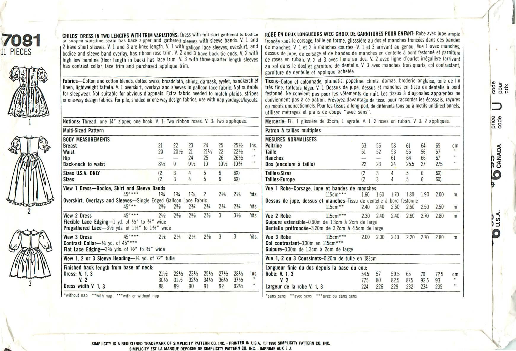 Simplicity 7081 Sewing Pattern for Child's Fancy Dress in | Etsy