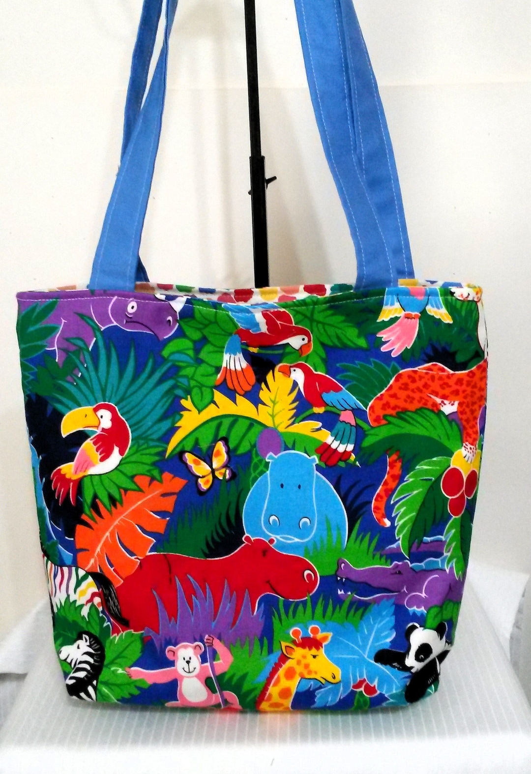 Reversible Tote Bag Featuring Colorful Jungle Animals. Tote is 12" Wide ...