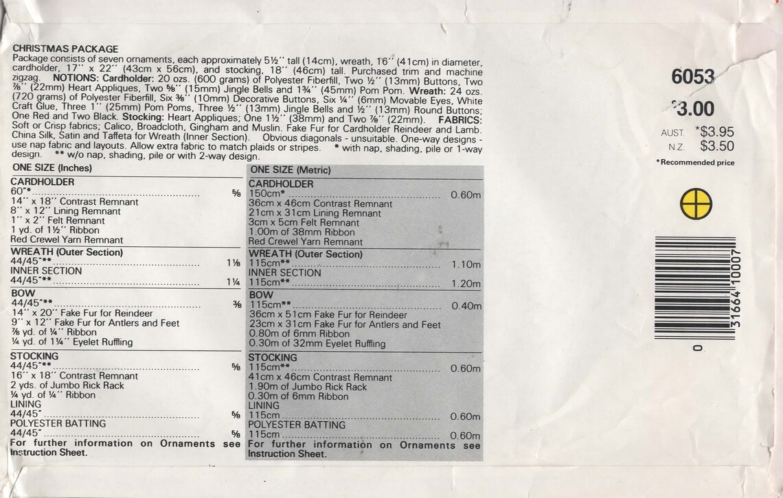 Butterick 6053 Craft Vintage Sewing Pattern for Animal Ornaments Along ...