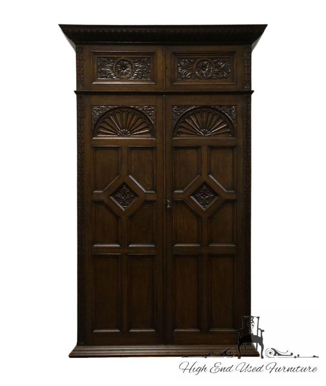 VINTAGE ANTIQUE Solid English Walnut Gothic Jacobean Style 48" Wardrobe ...