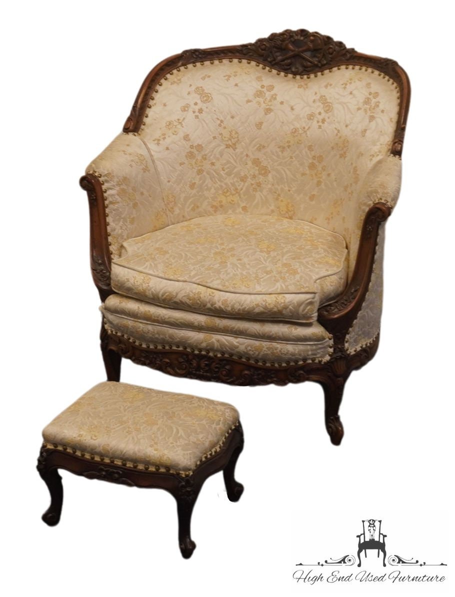 VINTAGE ANTIQUE Traditional Victorian Style Accent Chair w. Ottoman in White Embossed Satin Upholstery w. Nailhead Trim Etsy