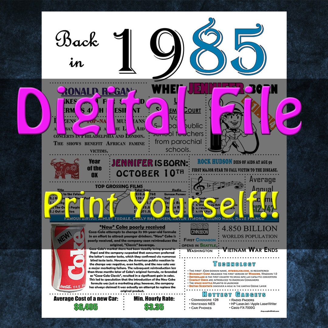 1985 Personalized Birthday Poster, 1985 History - DIGITAL FILE!! - Etsy