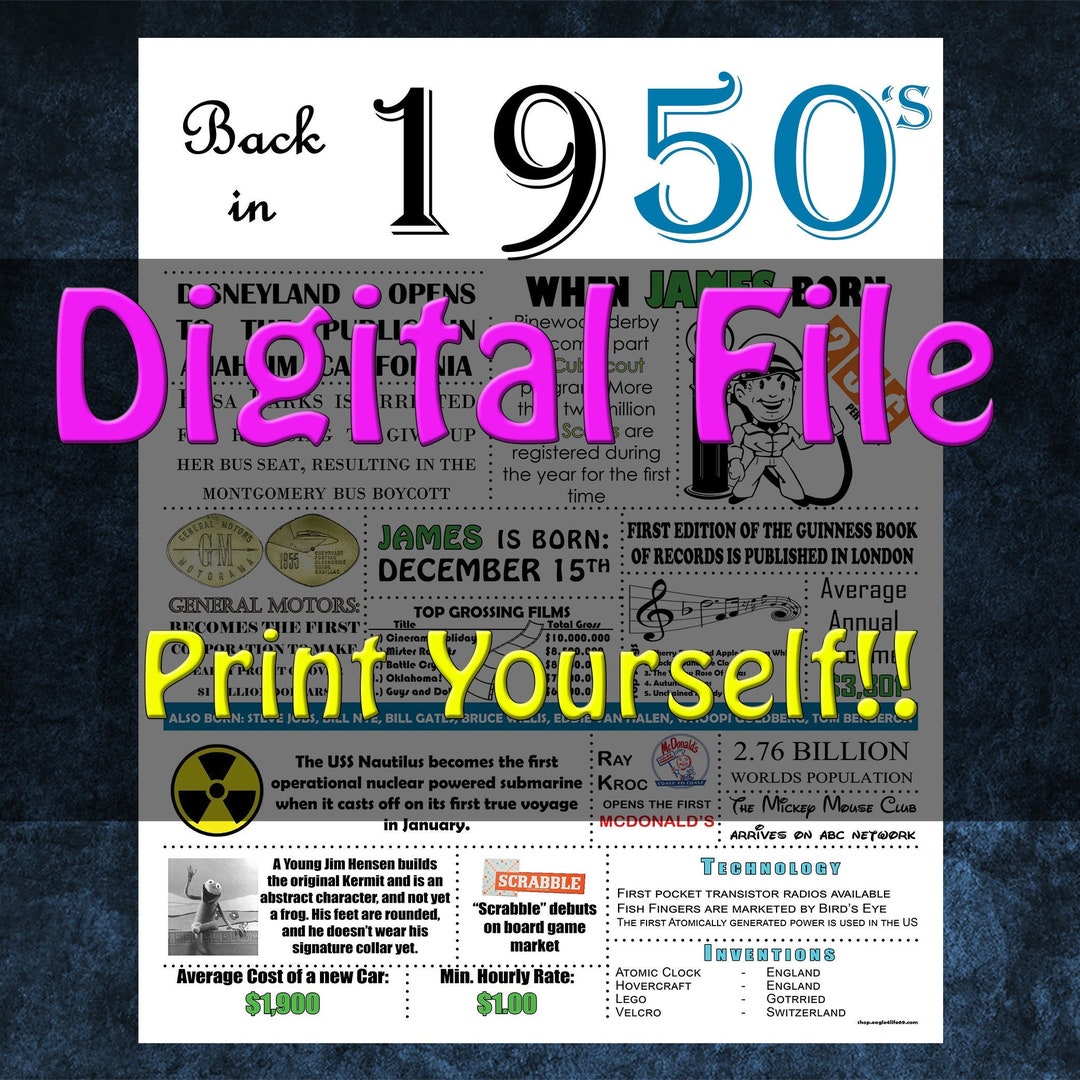 1950-1959 Personalized History Poster, 1950's History - DIGITAL FILE ...
