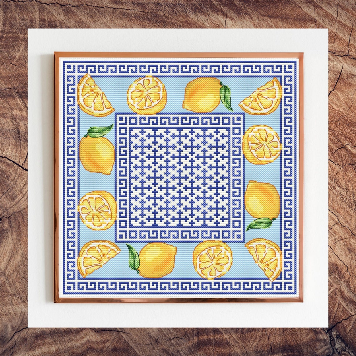 Greece Lemons Cross Stitch Pattern Pillow Embroidery Blue Tiles Lemon ...