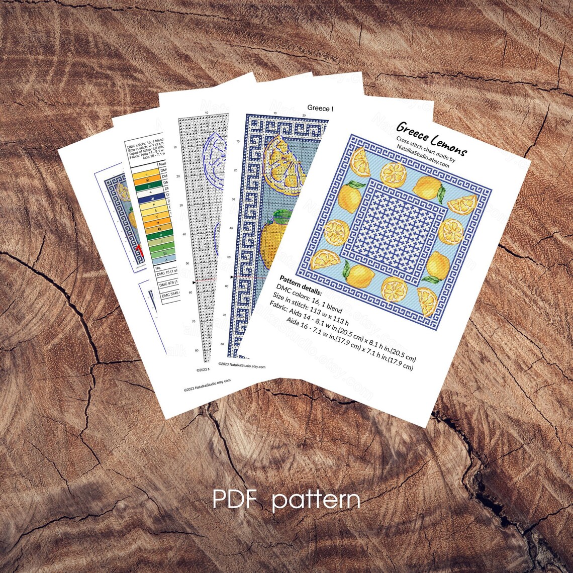 Greece Lemons Cross Stitch Pattern Pillow Embroidery Blue Tiles Lemon ...