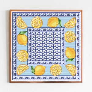 Greece Lemons Cross Stitch Pattern Pillow Embroidery Blue Tiles Lemon ...