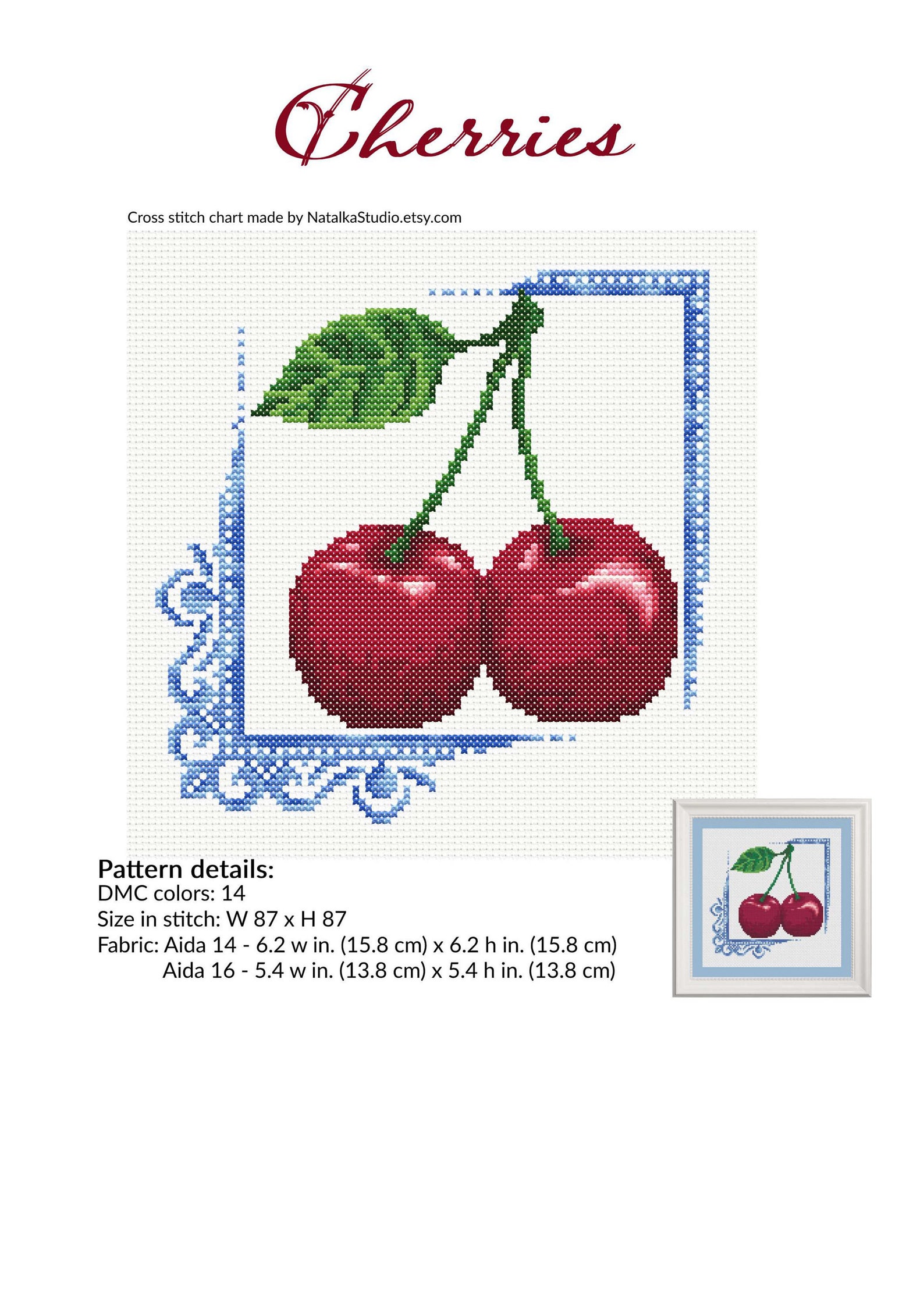 Cherries Cross Stitch Pattern PDF Kitchen Cross Stitch Red Cherries Embroidery Berry Cross ...