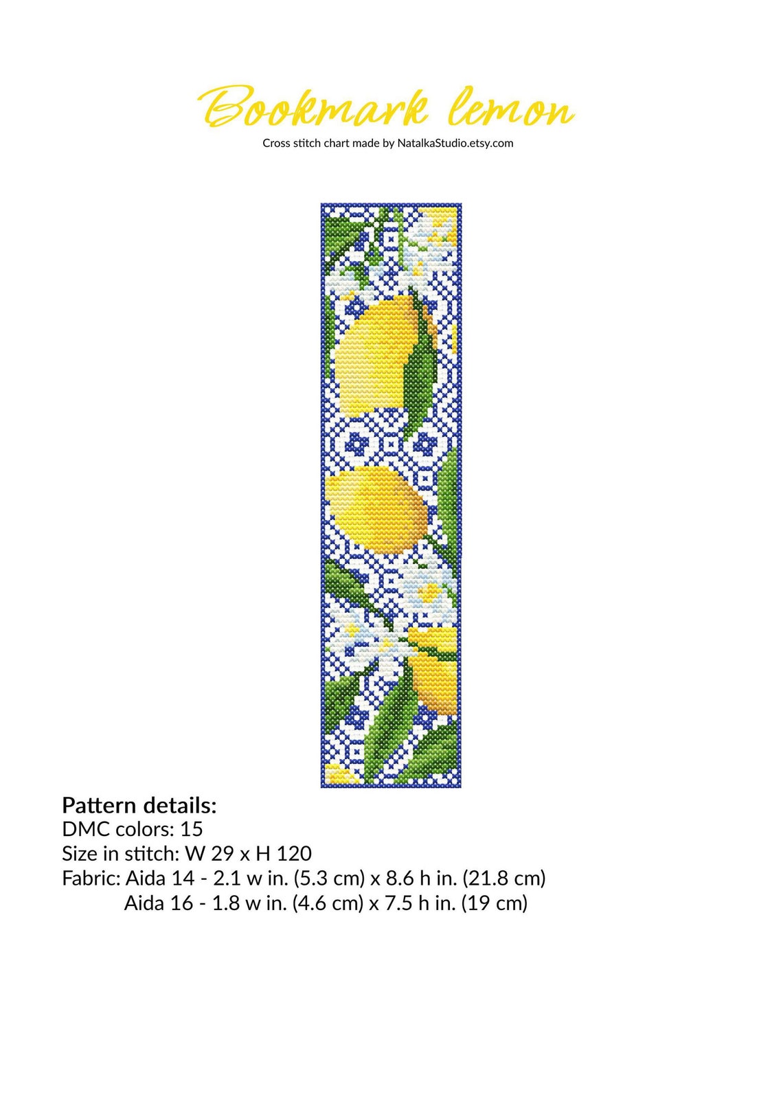Bookmark Lemon Cross Stitch Pattern PDF Citrus Cross Stitch - Etsy