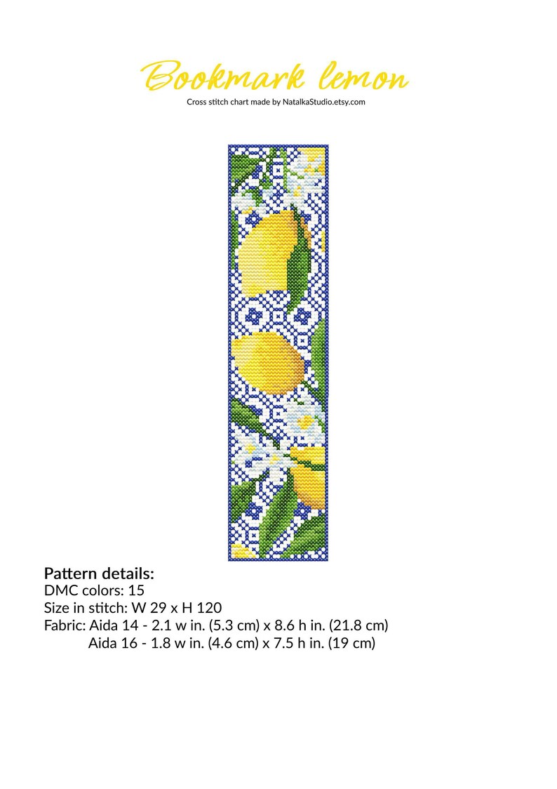Bookmark Lemon Cross Stitch Pattern PDF Citrus Cross Stitch - Etsy