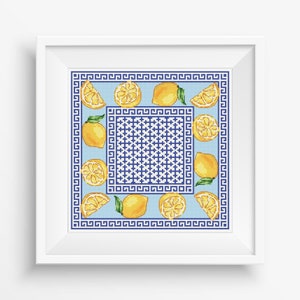 Greece Lemons Cross Stitch Pattern Pillow Embroidery Blue Tiles Lemon ...