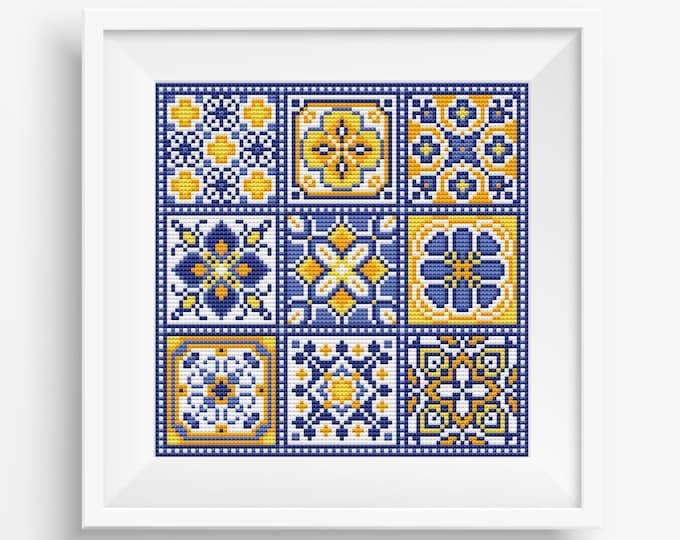 Blue and Yellow Tiles Cross Stitch Modern Tiles Cross Stitch Mosaic ...