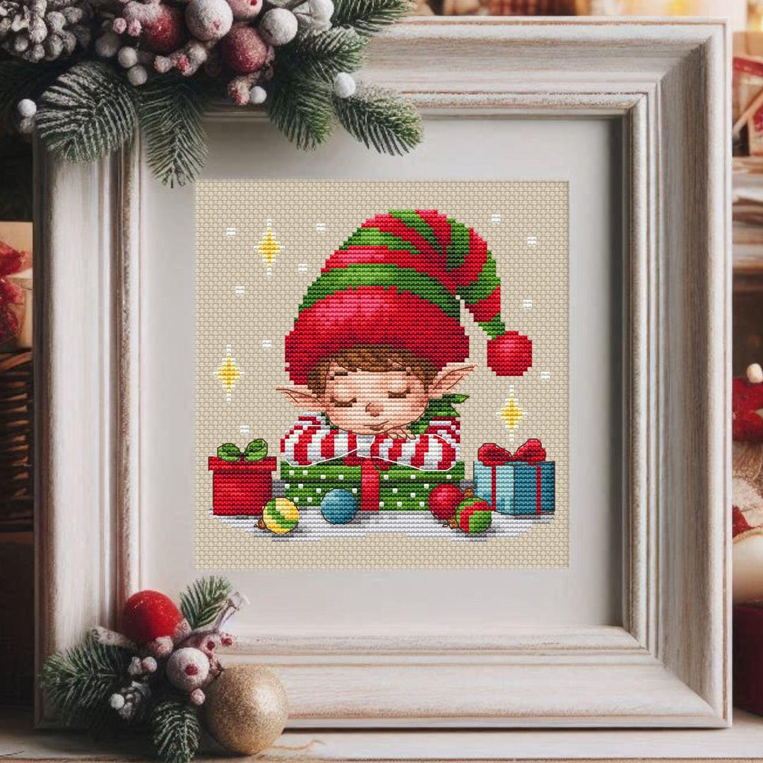Sleeping Christmas Elf Cross Stitch Pattern: Winter Holiday Decor (PDF ...