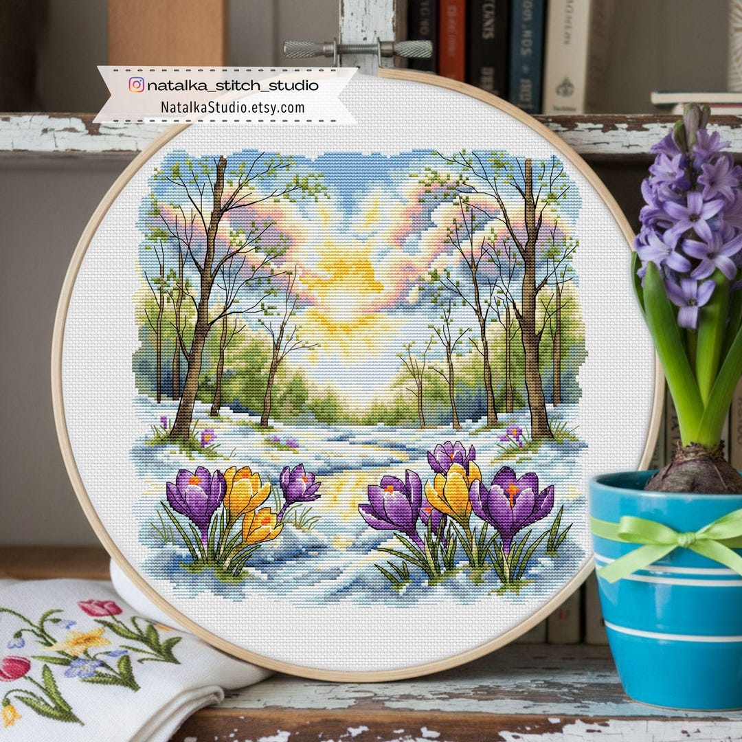 Spring Cross Stitch Pattern PDF, Crocus Flowers, Early Spring Forest ...