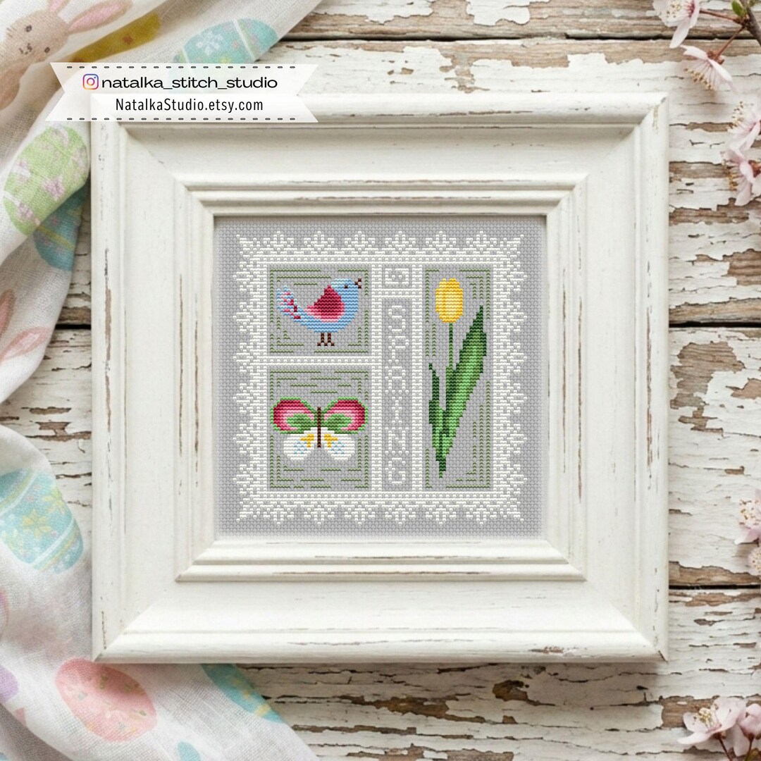Spring Garden Mini Sampler Cross Stitch Pattern, Bird Tulip Butterfly ...